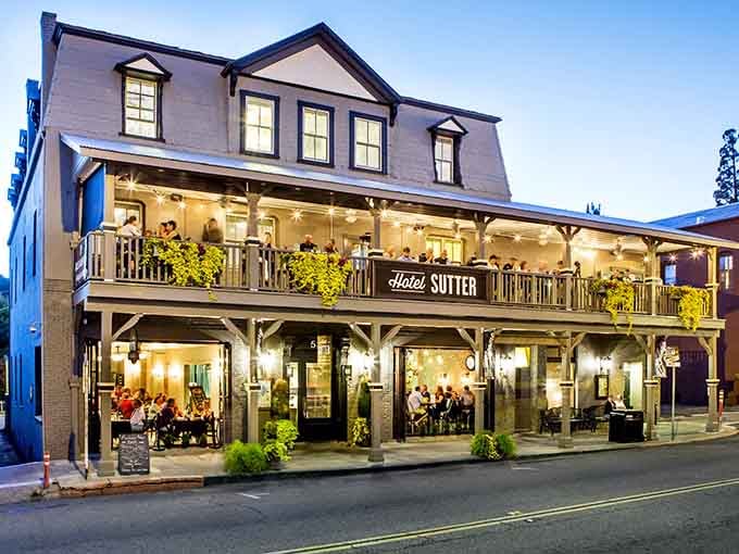Hotel Sutter glows like a jewel box at twilight, proving some things get better with age.