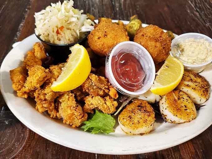 This golden trio of fritters, scallops, and hush puppies could make a vegetarian reconsider their life choices.