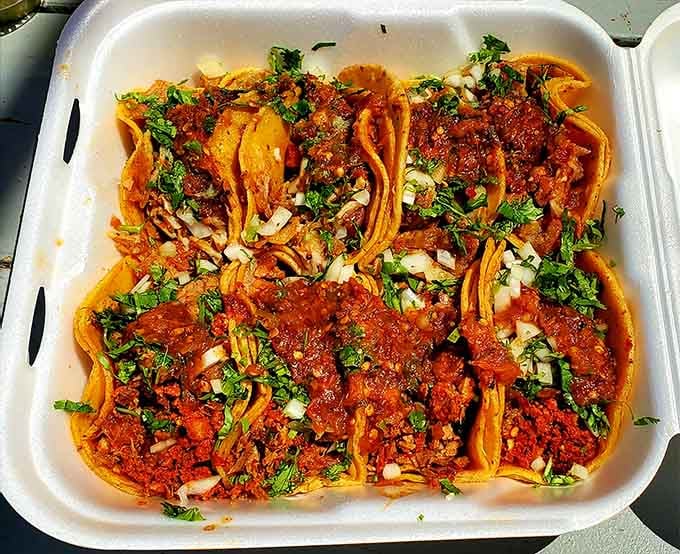 When your tacos arrive looking this beautiful, you almost feel guilty eating them&mdash;almost, but not quite enough to stop.