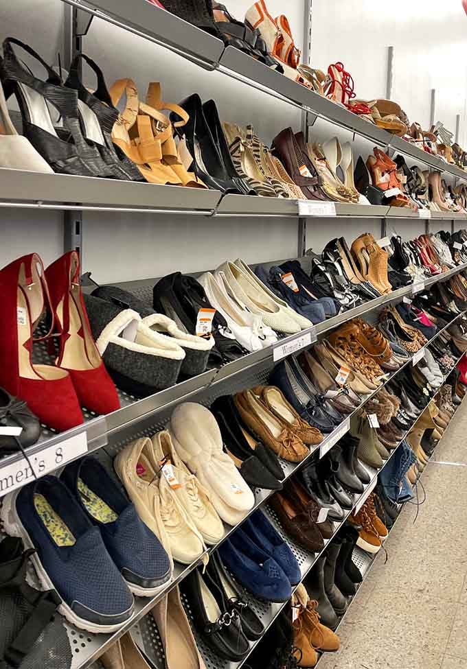 From stilettos to sneakers, this footwear wall holds more sole than a Sunday sermon and twice the salvation.
