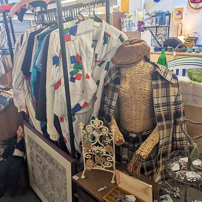 Vintage clothing and wicker baskets create the kind of eclectic mix that makes every corner worth exploring thoroughly.