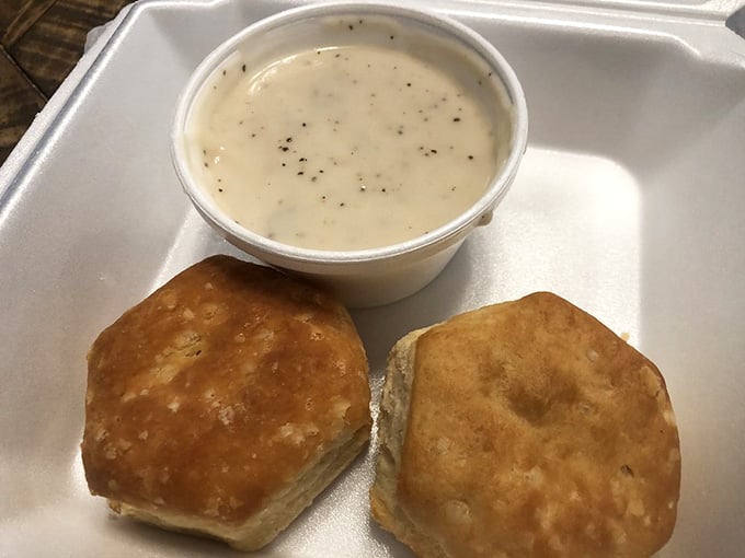 Even the to-go order looks magnificent, proving that golden biscuits and peppery gravy travel beautifully in their portable glory.