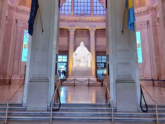 That Benjamin Franklin statue commands respect, sitting there like the founding father who actually knew how electricity worked.