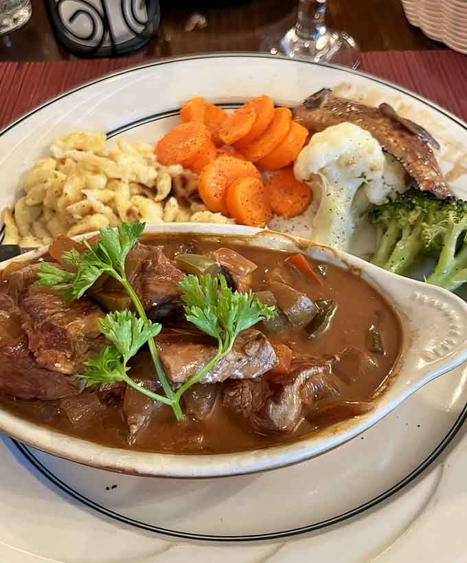 Rich beef stroganoff swimming in mushroom sauce with spätzle is comfort food that earned its PhD in deliciousness.