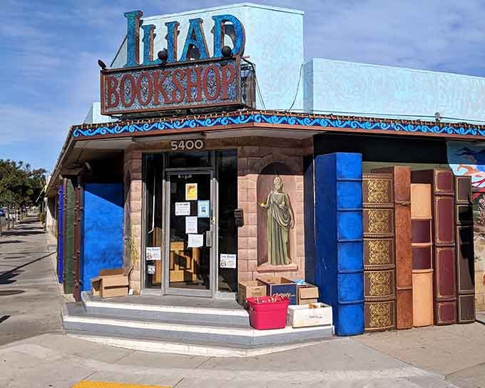 Giant book sculptures flanking the entrance make it clear: this isn't your average strip mall.