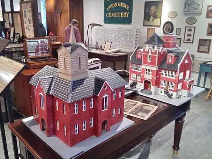 Intricate miniature buildings demonstrate the craftsmanship and attention to detail that defined small-town America's golden era of architecture.