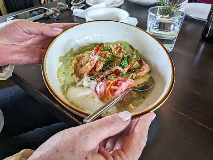 Shrimp and grits elevated to an art form, proving Southern comfort food deserves this kind of respect.