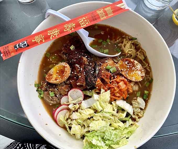 This beautiful bowl of ramen features soft-boiled eggs and kimchi that'll warm you from the inside out instantly.