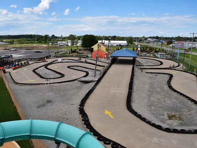 Go-karts zip around curves on this elevated track, turning ordinary folks into speed demons with delusions of grandeur.
