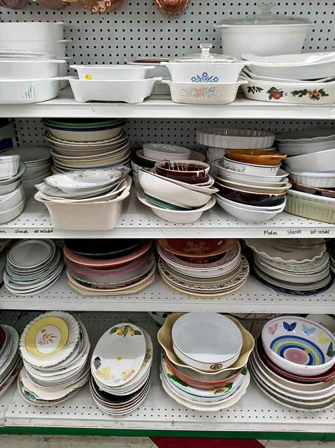 Stacks of plates and casserole dishes representing decades of family dinners, potlucks, and holiday gatherings past.