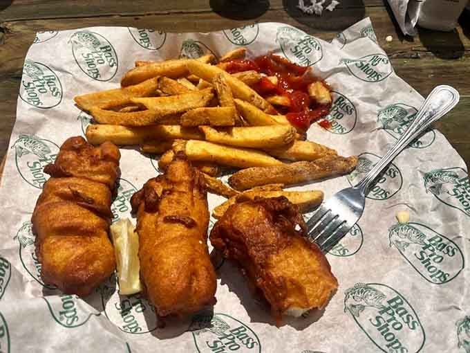 Beer-battered fish and chips that would make any British pub jealous, served where strikes matter more than pints.