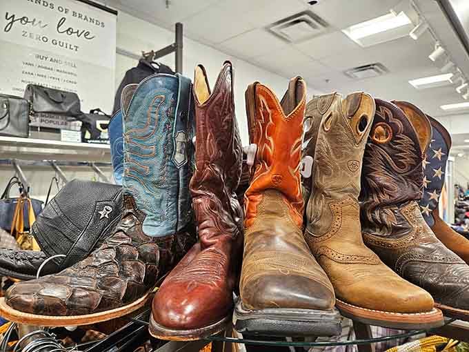 Cowboy boots lined up like they're auditioning for a country music video, minus the Nashville prices.