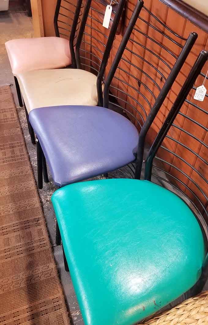 These retro diner chairs in turquoise, purple, and cream are ready to transform your kitchen into something special.