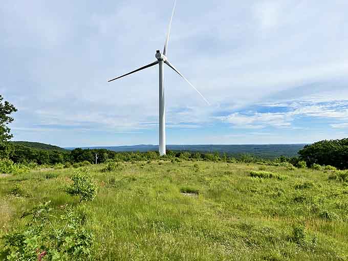 Modern windmills meet ancient peaks, proving clean energy can coexist beautifully with wilderness and weekend warriors alike.