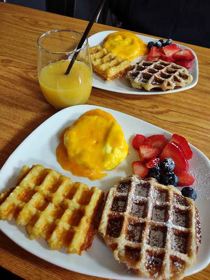 When your waffle flight arrives with eggs benedict, you know you've entered a parallel breakfast universe worth exploring.