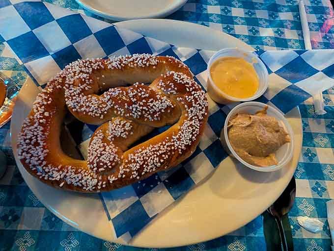 A proper Bavarian pretzel arrives with mustard and cheese sauce, because carbs deserve proper accompaniment always.