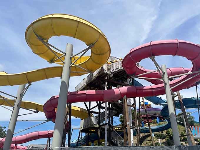 These spiraling towers of fun look like giant candy canes melted in the summer sun, in the best way.