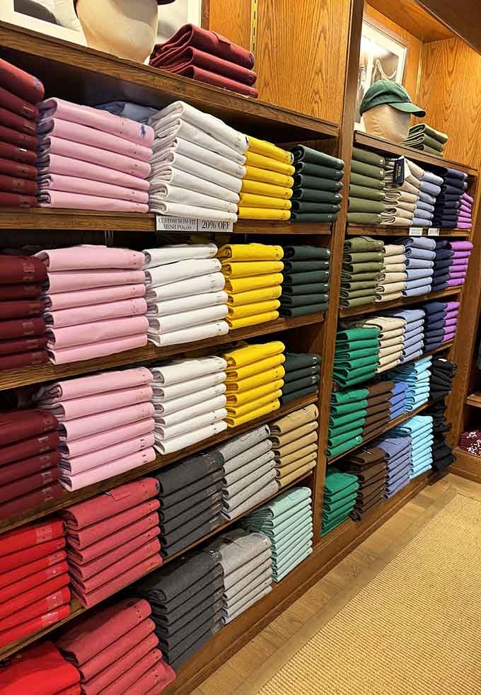 This color-coordinated wall of polo shirts looks like a paint store for your wardrobe, minus the turpentine smell.