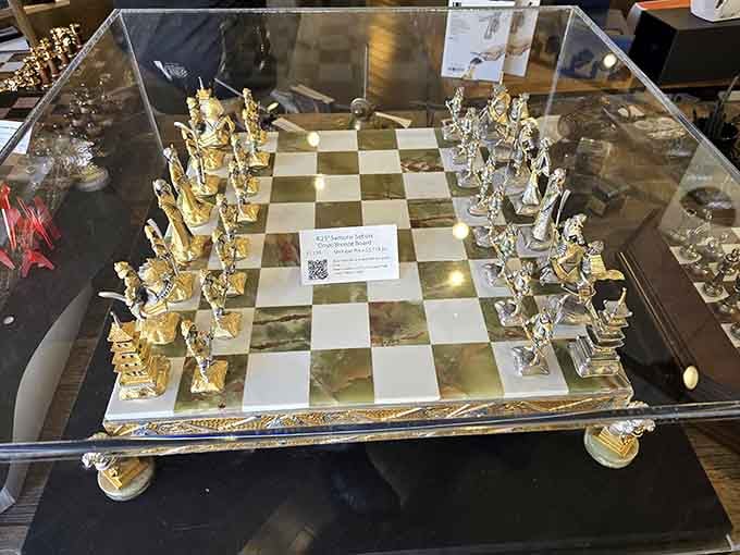 Ornate chess pieces that look too precious to touch, let alone move across a board.