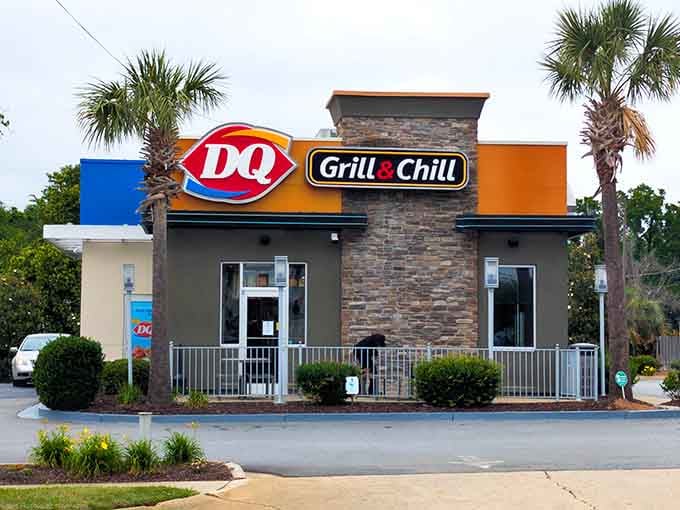 Palm trees flanking a DQ prove that even chain restaurants adopt local charm in the right small town.