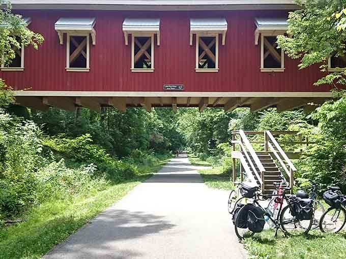 That covered bridge isn't just Instagram bait, it's your gateway to trails that'll make you forget civilization exists.