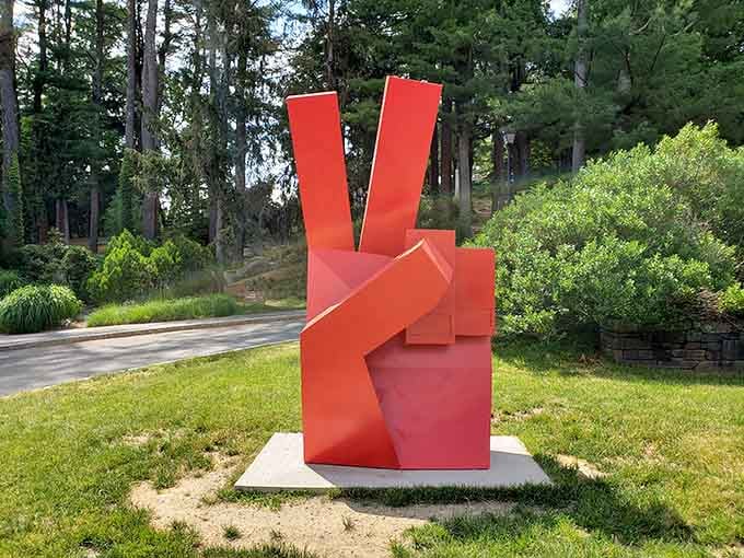 A bold red peace sign that's impossible to miss, spreading good vibes one geometric angle at a time.