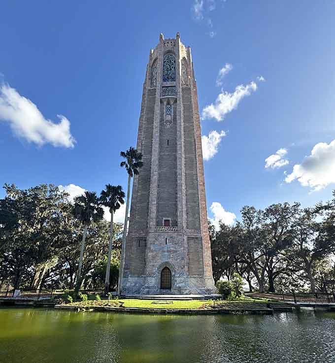 The singing tower rises majestically above reflecting pools, offering carillon concerts that drift through fragrant gardens like musical poetry.