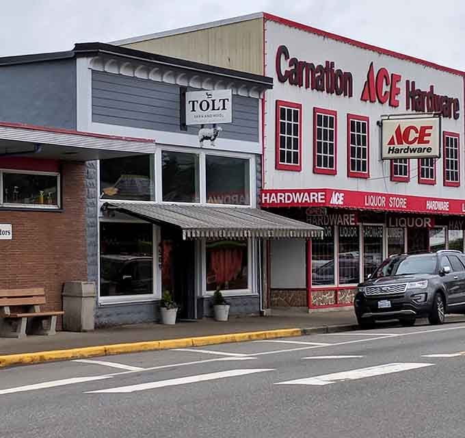 Local businesses line up along this main street where the Ace Hardware sign reminds you this is real life.