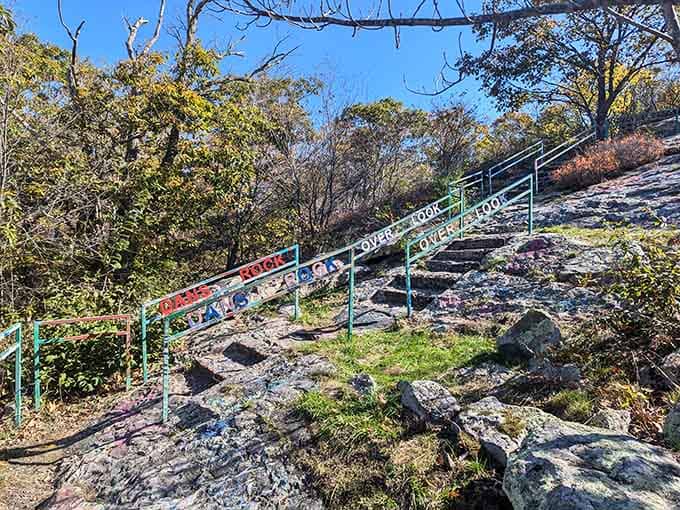 Stairway to heaven? Not quite, but these colorful teal railings at Dans Rock definitely have a certain flair.