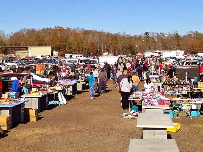 Bright winter sunshine illuminates outdoor vendors displaying their wares across tables and makeshift displays everywhere.