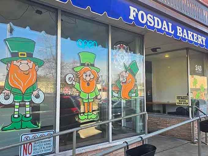 Those cheerful leprechaun window paintings bring a smile before you even taste the first glazed masterpiece inside.