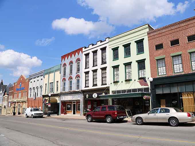 Harrodsburg's storefronts line up in a rainbow of architectural styles, each building adding its own personality.
