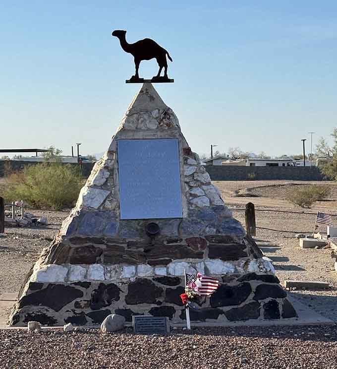 A camel perched atop a stone pyramid in the desert tells a story stranger than any fiction writer could imagine.