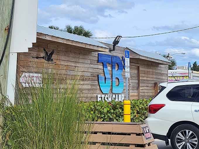 Rustic wood siding and bold blue letters announce this spot means business when it comes to fresh catches.