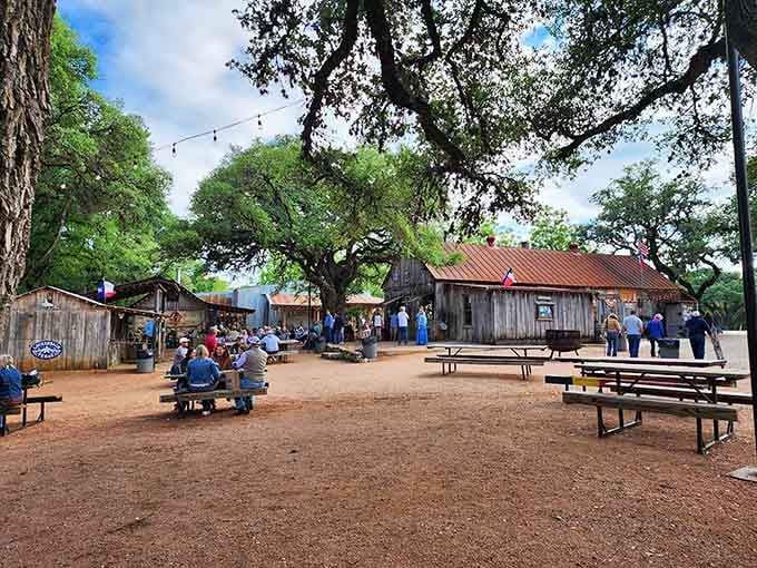 Ancient oak trees provide nature's air conditioning while picnic tables invite strangers to become friends over cold refreshments.