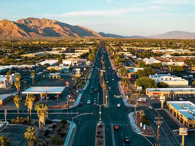 Marana's golden-hour light transforms ordinary buildings into something magical, with mountains standing watch in every direction.
