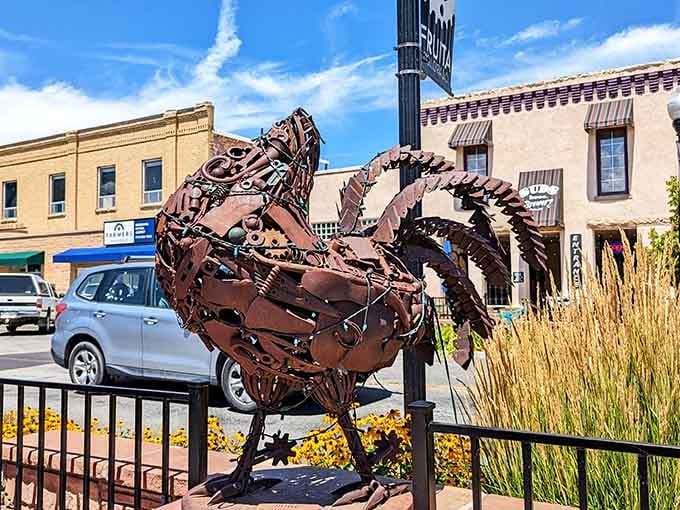 This welded metal rooster honors a bird who refused to accept his fate and became a legend instead.