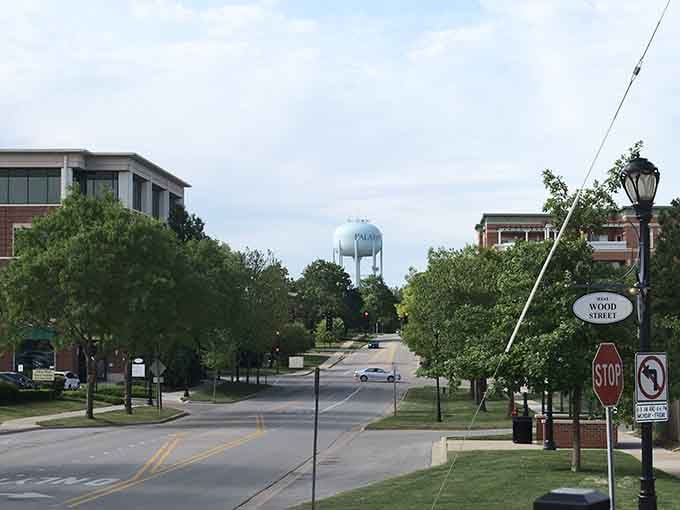 Tree-canopied streets lead toward that iconic water tower, a beacon guiding residents home to their safe haven.