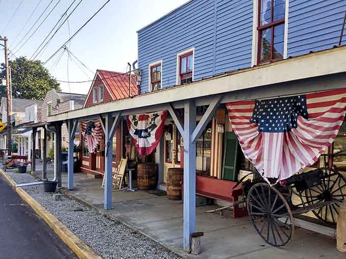 Patriotic bunting and old wagon wheels create a scene straight from a Norman Rockwell painting come to life.
