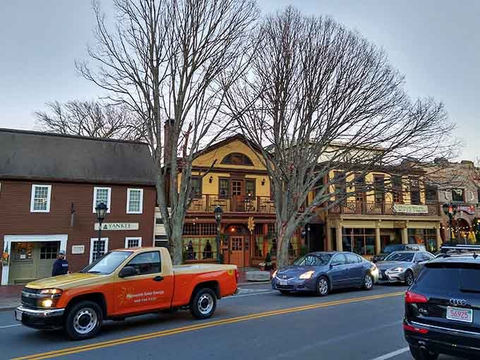 Downtown Plymouth glows at dusk, where colonial charm meets modern life along streets that remember the Mayflower's arrival.