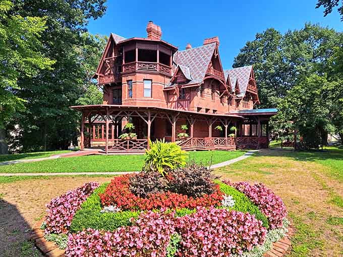 Mark Twain's Victorian mansion stands majestically, its ornate details and vibrant gardens transporting visitors to another era.
