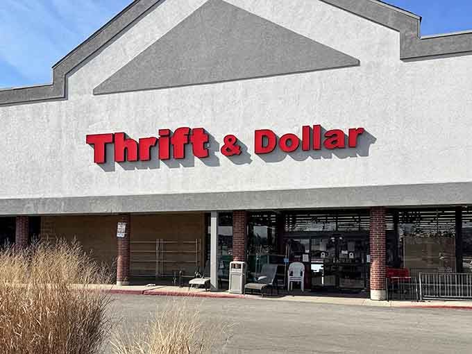 Bold red letters announce bargains ahead where thrift meets dollar in perfect harmony for your wallet's delight.