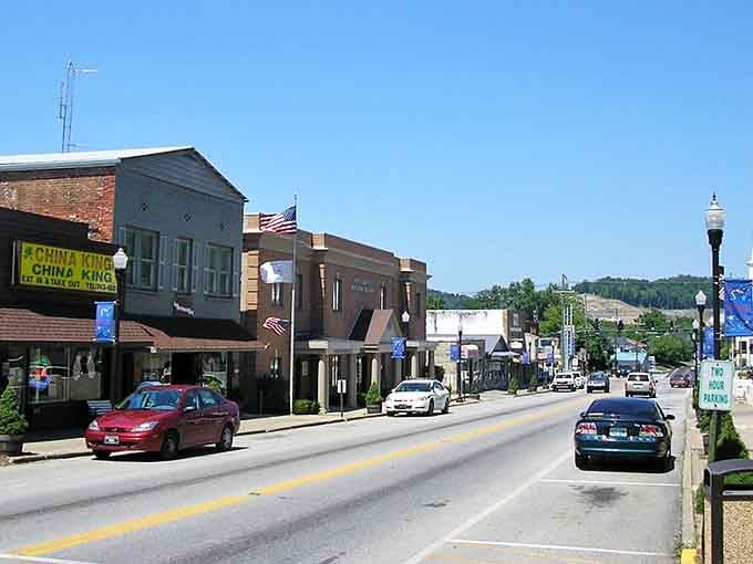 Main Street America lives on here, where flags fly proud and local businesses serve folks who remember when.