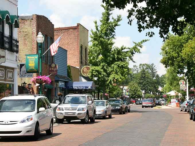 Brick-paved streets and hanging baskets create a Main Street that looks like it walked straight out of a Hallmark movie.