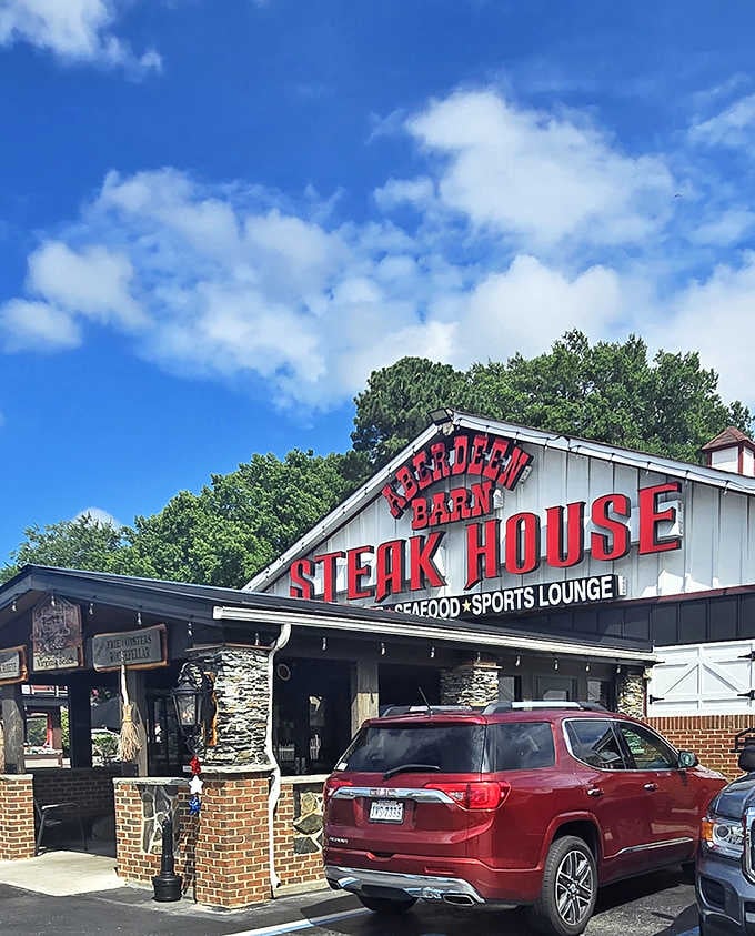 Under blue skies, Aberdeen Barn stands proud with its distinctive architecture and loyal following of beef devotees.