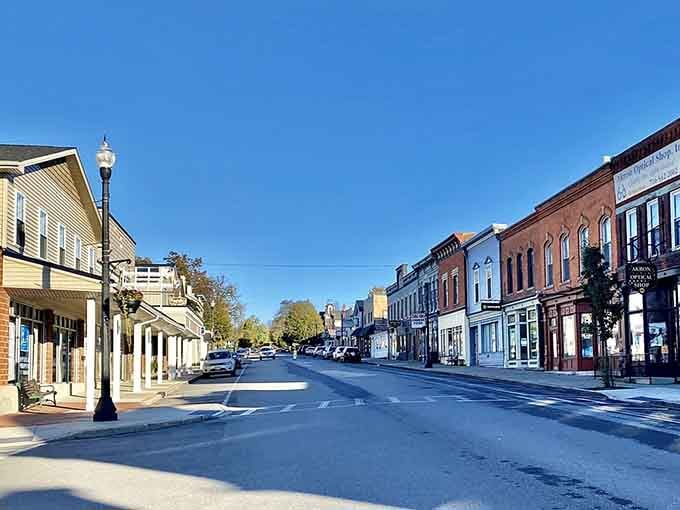 Wide streets and blue skies make this downtown perfect for a leisurely stroll and window shopping.