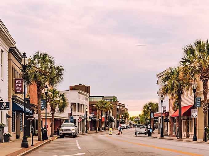 Sunset paints the storefronts in warm light while palmetto trees stand guard over this timeless town.