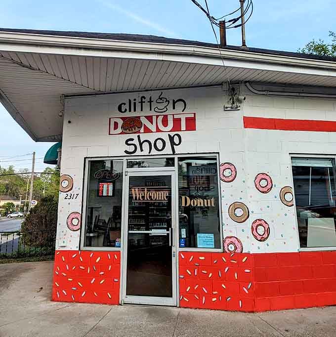 The cheerful donut decorations dancing across the facade make this little shop impossible to miss or resist.