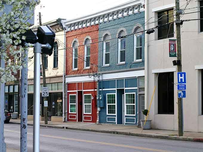 These colorful historic storefronts in downtown Cynthiana showcase the town's well-preserved architecture and inviting atmosphere for visitors to enjoy exploring.