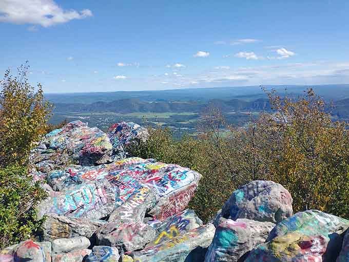 Graffiti-covered boulders meet endless valley views in this quirky mountaintop gallery where street art crashes nature's formal party.